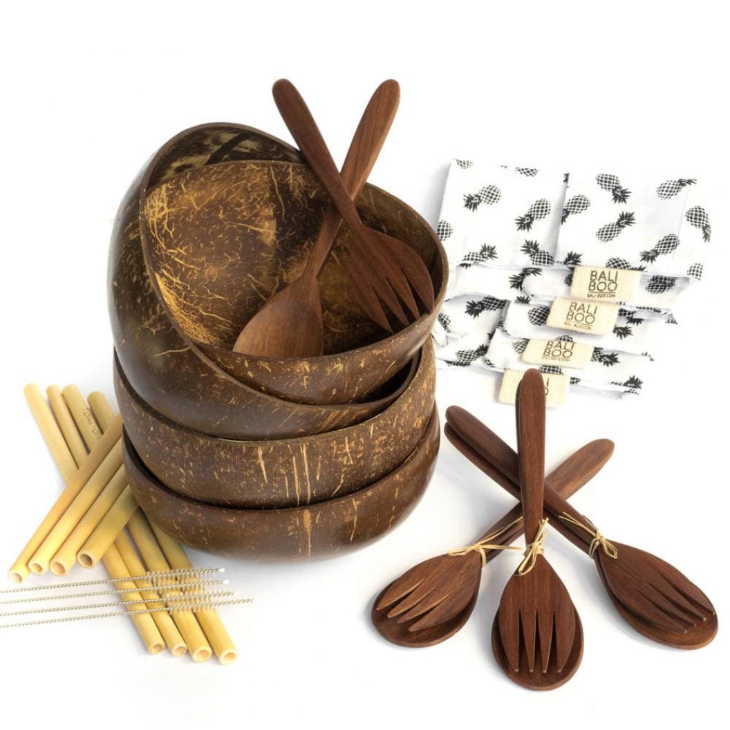 Coconut Bowls Family Set - 4 Coconut Bowls & 4 Cutlery sets - Bali Boo